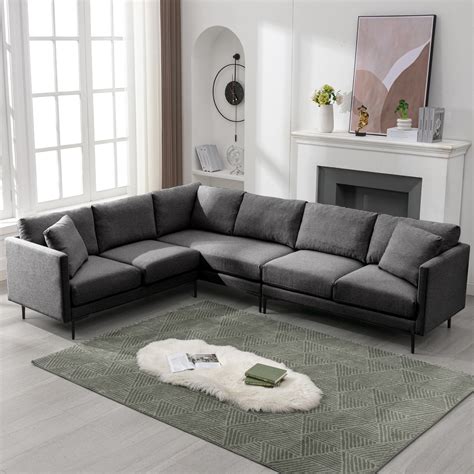Zafly Sectional Sofa Sets For Living Room Linen Fabric Sofa With Metal