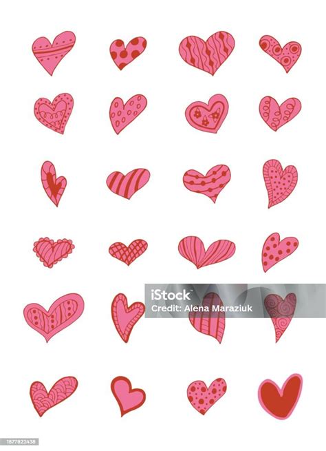 장식 하트 세트 발렌타인 데이 상징은 하트와 요소를 낙서합니다 다양한 크기 모양 및 패턴의 하트 격리 낙서 벡터 일러스트 레이 션입니다 공휴일에 대한 스톡 벡터 아트 및