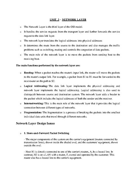 Cn Unit 3 Cn Notes Unit 3 Network Layer O The Network Layer Is The Third Layer Of The Osi