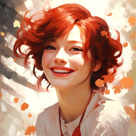 Linda Chica Pelirroja Encantadora Sonrisa Femenina El Rostro Radiante De Una Joven Feliz Bajo El