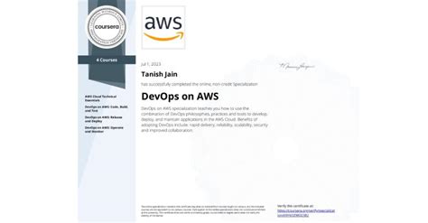 tanish jain on linkedin completion certificate for devops on aws