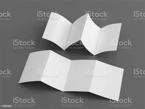 수직 페이지 지그재그 또는 아코디언 접이식 브로셔 패널 4개 8페이지 빈 전단지 프레젠테이션 디자인을 위해 회색 배경을 모의합니다 전면 및 후면 0명에 대한 스톡 사진 및
