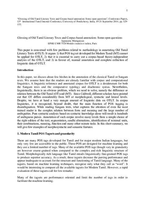Glossing Of Old Tamil Literary Texts And Corpus Based Annotation Some Open Questions