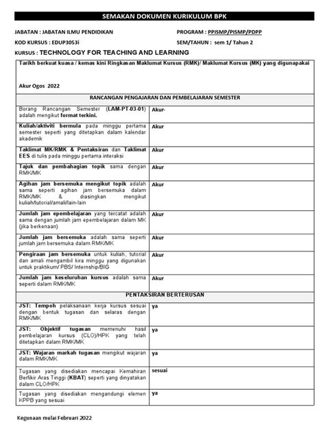 Borang Semakan Dokumen Kurikulum Bpk Edup3053i Pdf