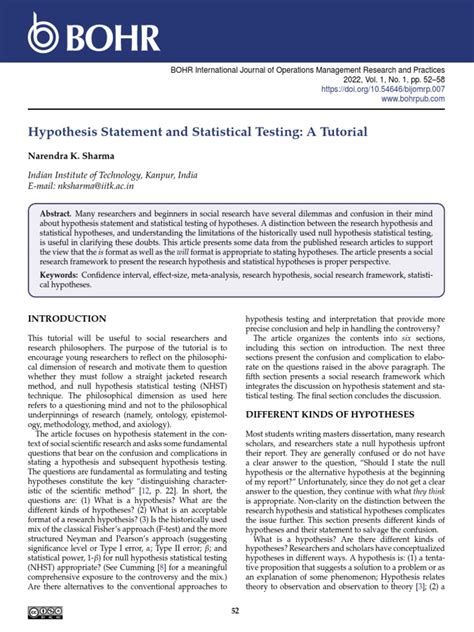 Hypothesis Statement And Statistical Testing A Tutorial Pdf