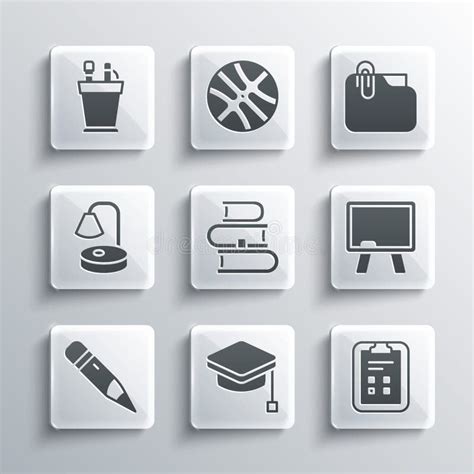 Set Graduation Cap Exam Sheet With Check Mark Chalkboard Book Pencil Eraser Table Lamp