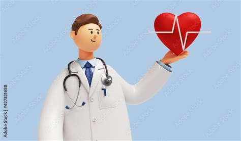 3d Render Cardiologist Cartoon Character Shows Red Heart Symbol Clip