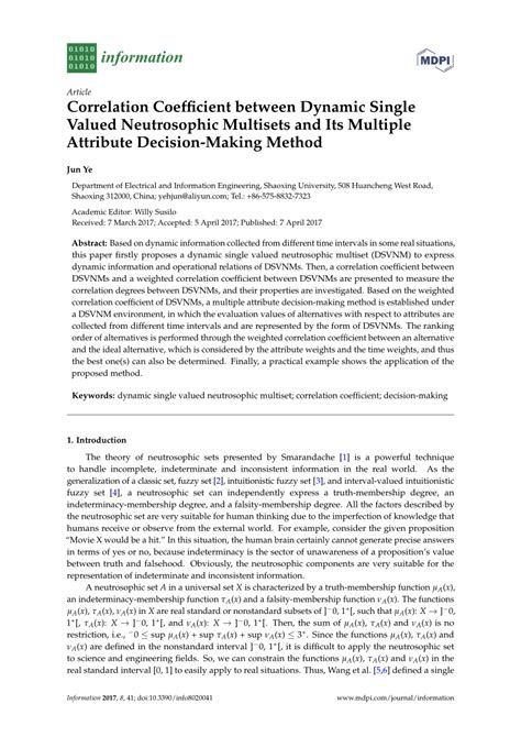 Pdf Correlation Coefficient Between Dynamic Single Valued Neutrosophic Multisets And Its