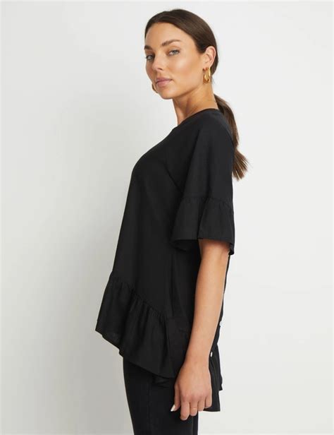 rockmans elbow frill sleeve and hem button backtop w lane