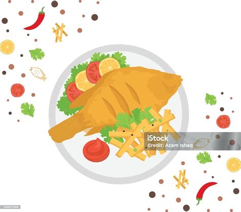 감자 튀김과 연어 벡터 아이콘 디자인 영국 또는 영국의 국가 요리 전통 요리 기호 재료와 미식가 음식 요리 접시 개념에 튀긴 피시 앤 칩스 굽기에 대한 스톡 벡터 아트 및