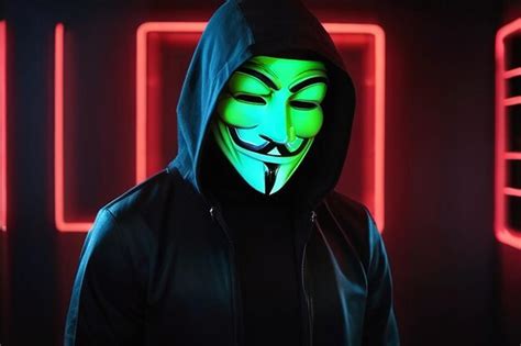 Premium Photo Portrait Of An Anonymous Man Hacker Wearing Neon Mask Over Dark Room Background