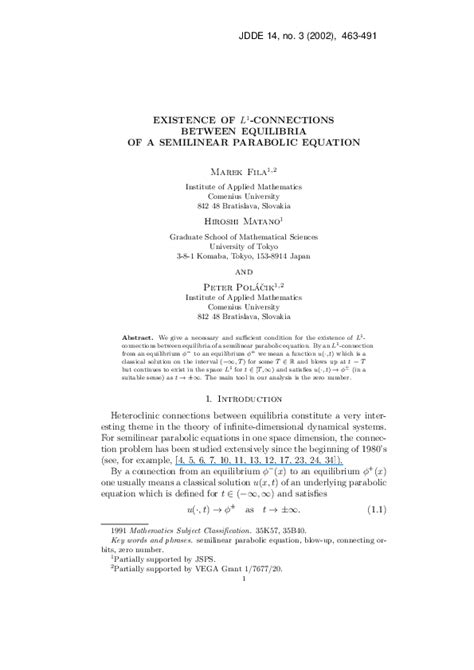 Pdf Existence Of L1 Connections Between Equilibria Of A Semilinear Parabolic Equation