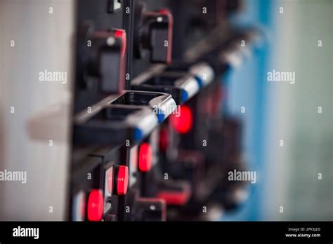 Electric Switchers On Control Panel Red Indicator Lamps Lights On Short Depth Of Field