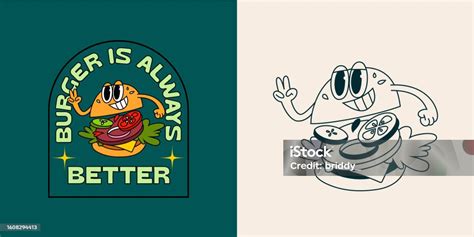 귀여운 햄버거와 함께 재미있는 복고풍 일러스트레이션 만화 빈티지 스타일의 벡터 캐릭터 로고 카드 배너 티셔츠 프린트 및 포스터에 대한 창의적인 견적 햄버거 류에 대한 스톡