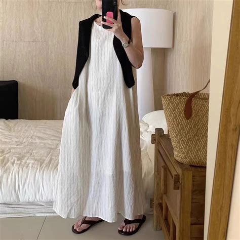 샤인글램 당일출고체형커버 라운드넥 린넨 스트라이프 배색 줄무늬 루즈핏 오버핏 빅사이즈 롱 A라인 플레어 롱 민소매 나시