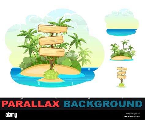 Wooden Sign On Island In Ocean Set Parallax Effect Three Meanings
