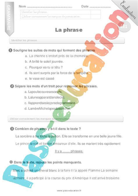 Evaluation La phrase CE1 Bilan et controle corrigé pdf à imprimer