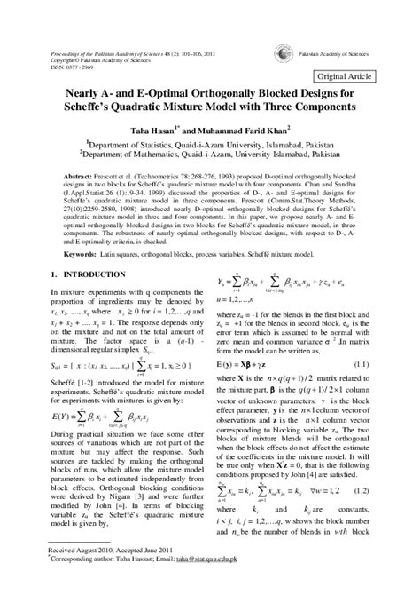 Pdf Nearly Aand E Optimal Orthogonally Blocked Designs For Scheffe S Quadratic Mixture Model