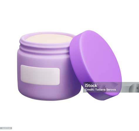 3d 만화 스타일 화장품 크림 병 항아리 보라색 컬러 오픈 모이스처라이저 크림 항아리 기대어 캡 3d 벡터 렌더링 아름다운 메이크업 스킨케어 트리트먼트 페이셜 마스크 용기