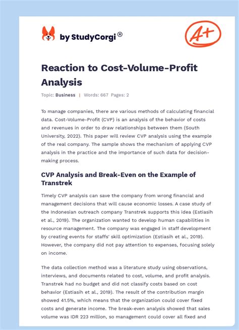 Reaction To Cost Volume Profit Analysis Free Essay Example