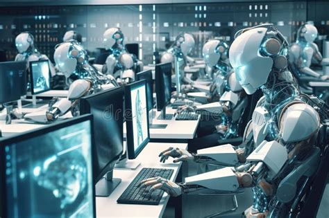 Ai Robots Using Multiple Computers Working Monitoring Data In Office Generative Ai Stock