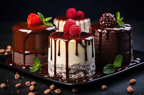 Assorted Cakes With Cream Chocolate And Berries Dessert Assorted