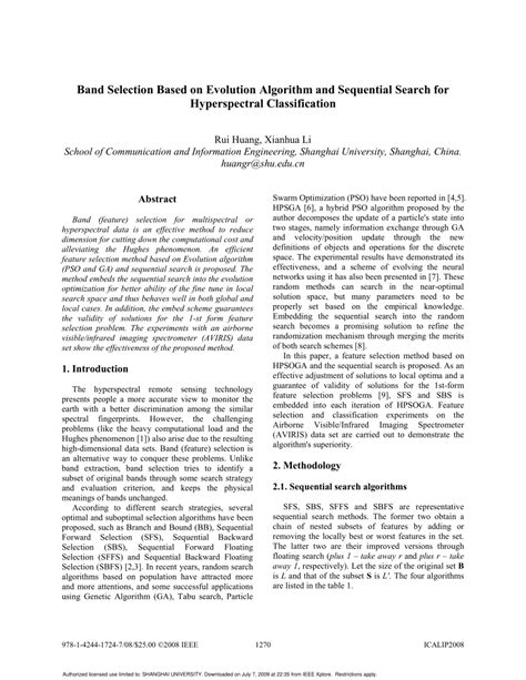 Pdf Band Selection Based On Evolution Algorithm And Sequential Search For Hyperspectral