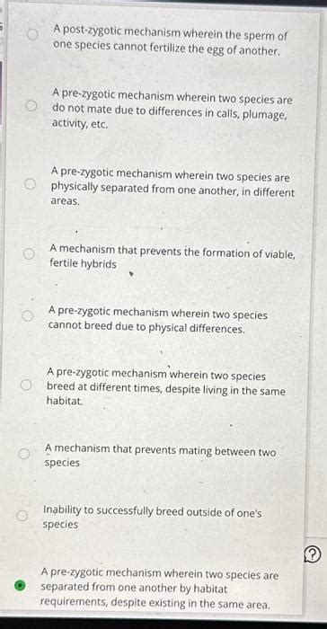 Solved Reproductive Isolation Premating Pre Zygotic