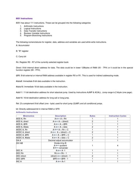 8051 Instructions Arithmetic Instructions Mnemonics Description Bytes