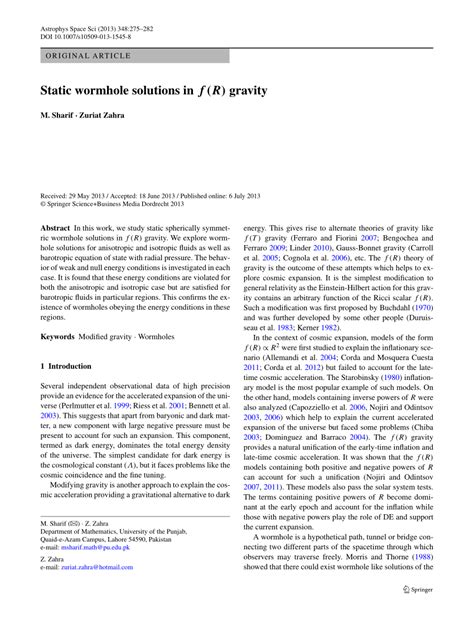 Pdf Static Wormhole Solutions In Fr Gravity