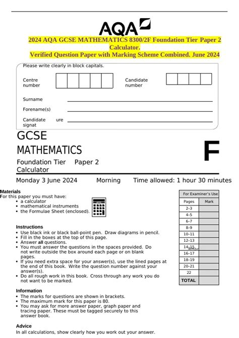 2024 Aqa Gcse Mathematics 8300 2f Foundation Tier Paper 2 Calculator Verified Question Paper