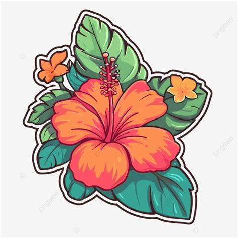 중간 클립 아트에 히비스커스 꽃이 있는 스티커 일러스트 벡터 고립 된 만화 열 대 꽃과 스티커 디자인 상표 스티커 일러스트 Png 일러스트 및 벡터 에 대한 무료