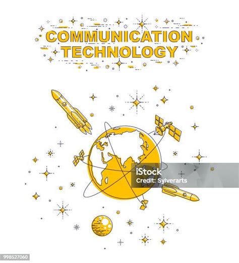 인공 위성으로 둘러싸인 공간에서 지구 로켓 고 별 글로벌 통신 기술 테마입니다 얇은 선 3d 벡터 그림은 흰색 절연입니다 과학에 대한 스톡 벡터 아트 및 기타 이미지