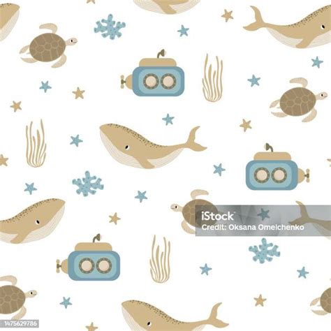 고래 잠수함 거북이 불가사리 조류가 있는 벡터 원활한 패턴 수중 만화 생물 해양 배경입니다 직물 아동 의류 섬유 포장지에 대 한 귀여운 바다 패턴 거북이에 대한 스톡 벡터