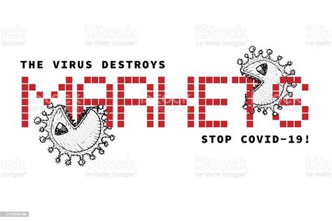 텍스트와 코로나 바이러스 전염병에 대한 의료 사회 경제 및 금융 정보 동요 포스터의 디자인 개념은 바이러스가 시장을 파괴한다
