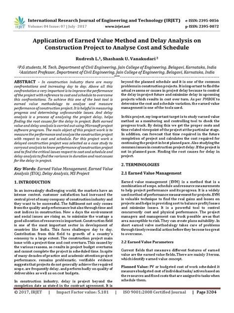 Application Of Earned Value Method And Delay Analysis On Construction Project To Analyse Cost