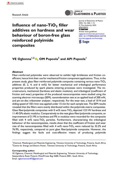 Pdf Influence Of Nano Tio 2 Filler Additives On Hardness And Wear Behaviour Of Boron Free