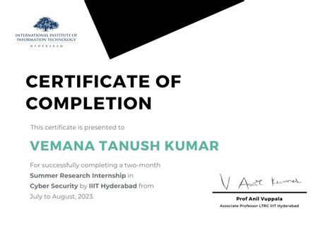 Tanush Kumar Vemana On Linkedin Iiithyderabad Cybersecurity Internship