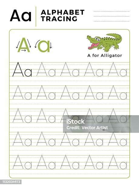 편지는 예와 재미 악어 악어 만화와 알파벳 추적 책 미세 운동 능력을 연습 하기 위한 유치원 워크 시트 어린이를 위한 벡터 일러스트입니다 누른 자국에 대한 스톡 벡터 아트