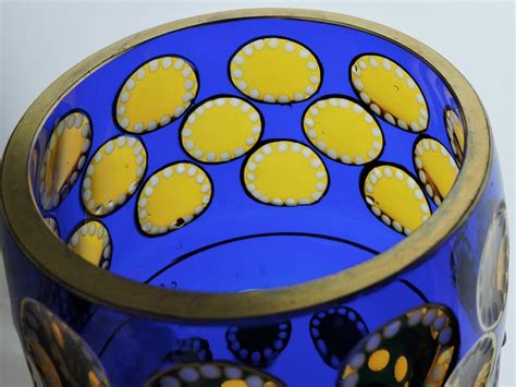 Antique Moser Cobalt Blue Cut Yellow Art Glass Dots Gold Jarvaseurn