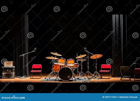 Drum Set On Dark Stage Background Neural Network Ai Generated Stock