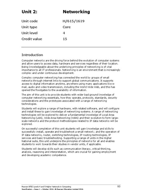 Unit 2 Networking Unit Code H6151619 Unit Type Core Unit Level 4 Credit Value 15 Pdf