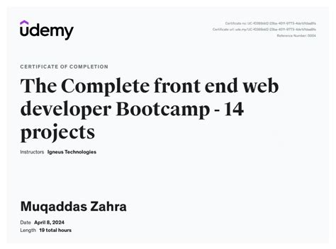 completed the complete front end developer bootcamp muqaddas zahra