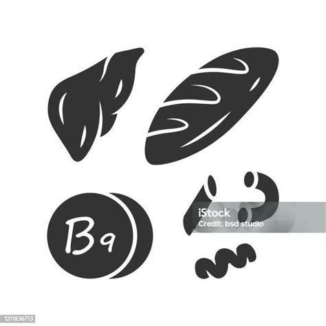 비타민 B9 문말 아이콘 빵 간 파스타 육류 및 밀가루 제품 건강한 식습관 엽산 식품 공급원 미네랄 항산화제 실루엣 기호입니다 음수 공간입니다 벡터 절연 그림 간 내부