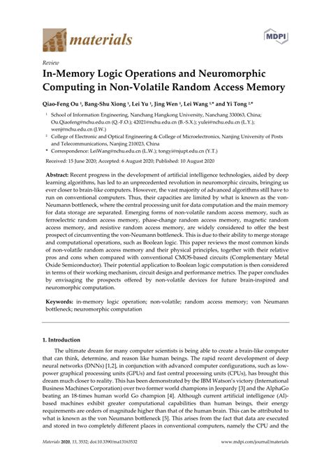 Pdf In Memory Logic Operations And Neuromorphic Computing In Non Volatile Random Access Memory