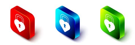 흰색 배경에 고립 된 심장 아이콘모양의 등색 성 잠긴 심장 사랑 기호 및 열쇠 구멍 기호 빨간색 파란색 및 녹색 사각형 버튼 벡터 3차원 형태에 대한 스톡 벡터 아트 및