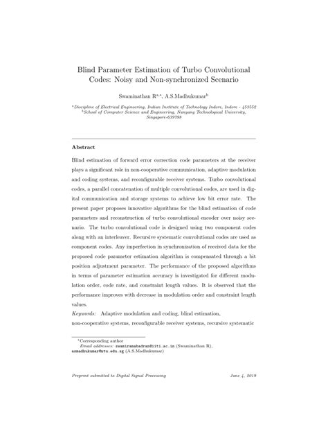 Pdf Blind Parameter Estimation Of Turbo Convolutional Codes Noisy And Non Synchronized Scenario