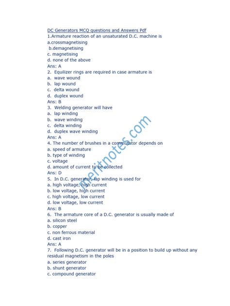 Dc Generators Mcq Questions Answers Pdf
