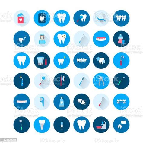 치과 및 치열 교정 은 긴 그림자로 설정 된 평면 아이콘 치과 진료소에 대한 징후 치과 치료 장비 중괄호 베니어 충치 치료 치실 및 의료 요소 정형 학 개념 아이콘에 대한
