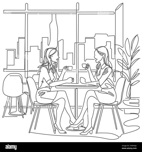Continuous Line Illustration Of Two Women Involved In A Thoughtful Discussion Or Interview
